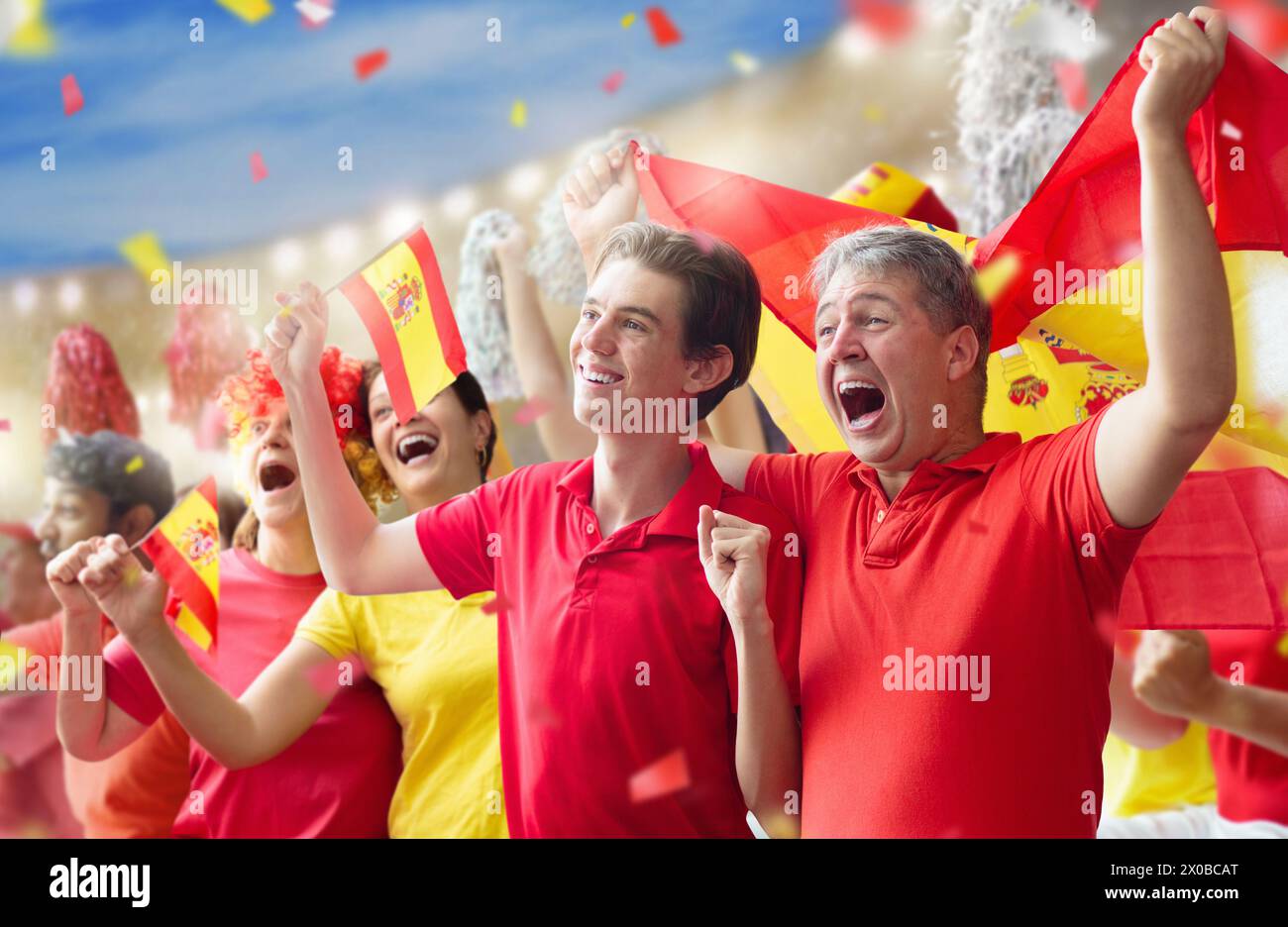 Spain football supporter on stadium. Spanish fans on soccer pitch ...