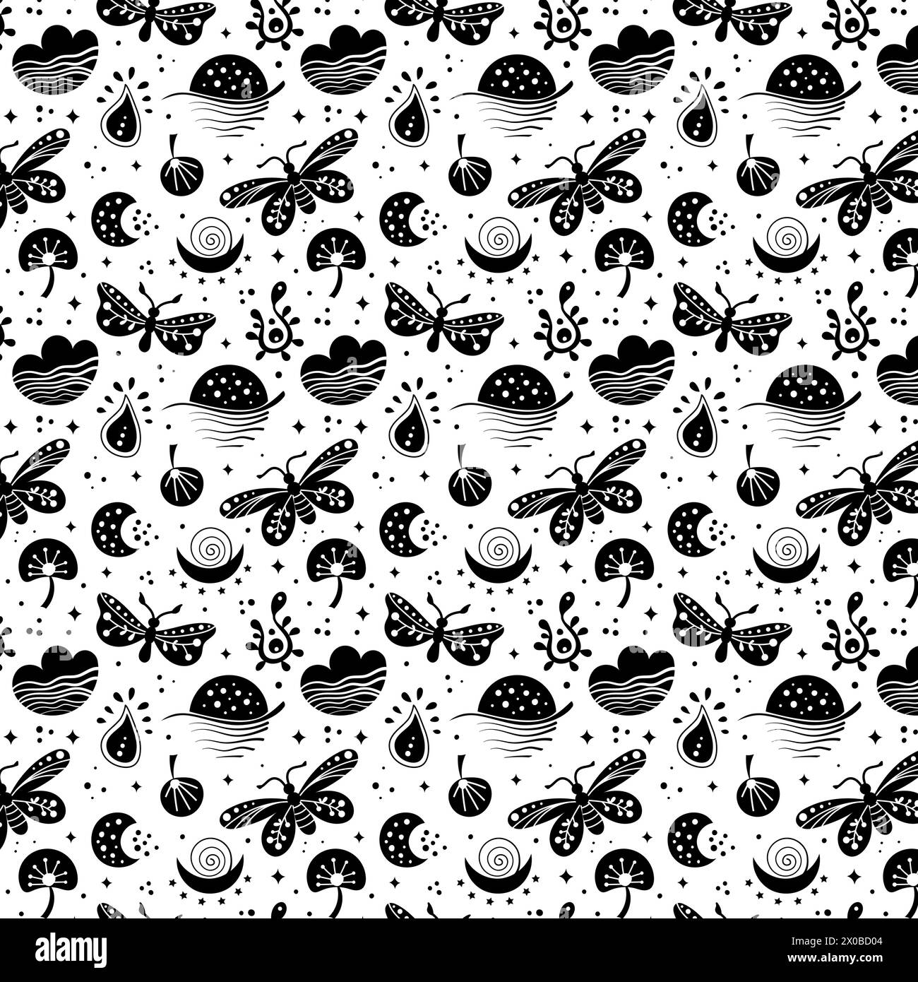 Seamless neo folk art vector pattern with butterfly, moth and flowers ...