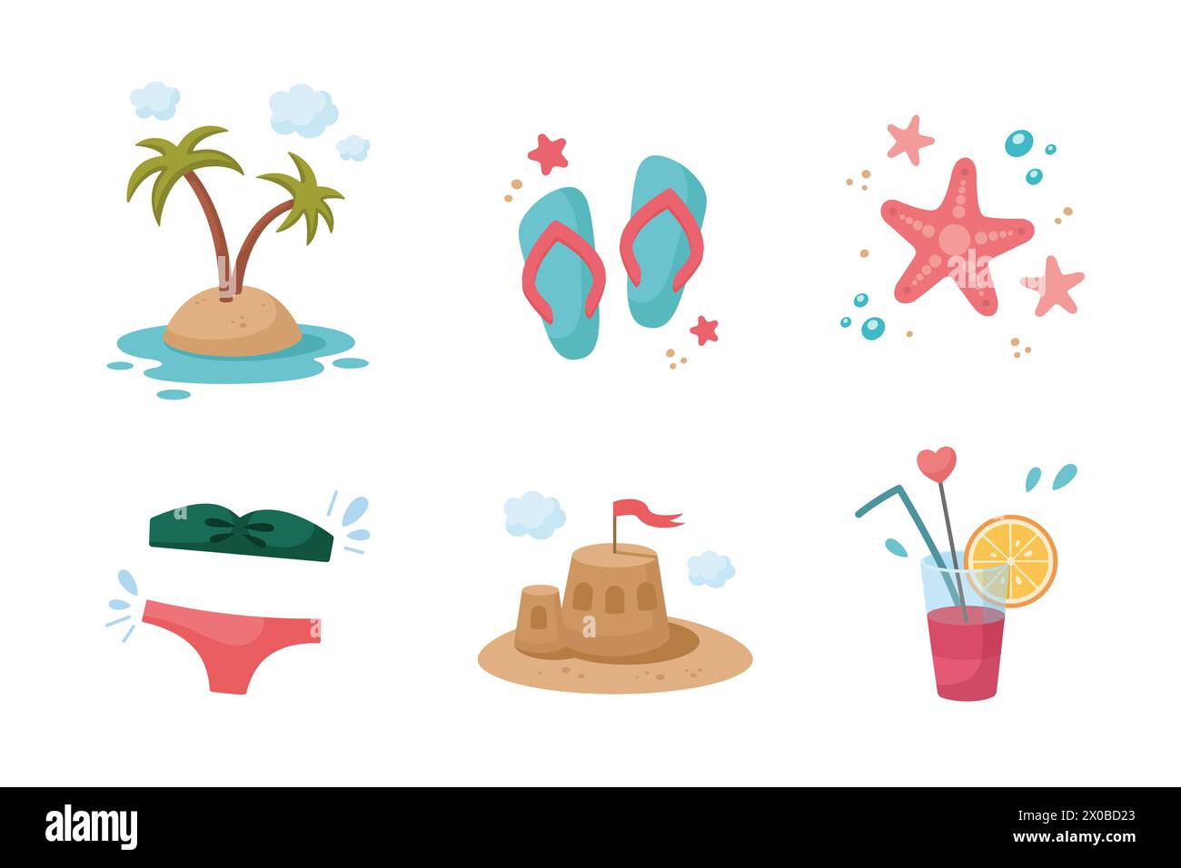 Summer Set. Cute summer icons collection. Summertime elements. Beach holidays elements. Cartoon ...