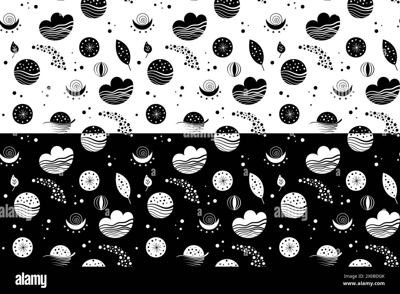 Seamless neo folk patterns with moon, cloud, sun and stars, black and ...