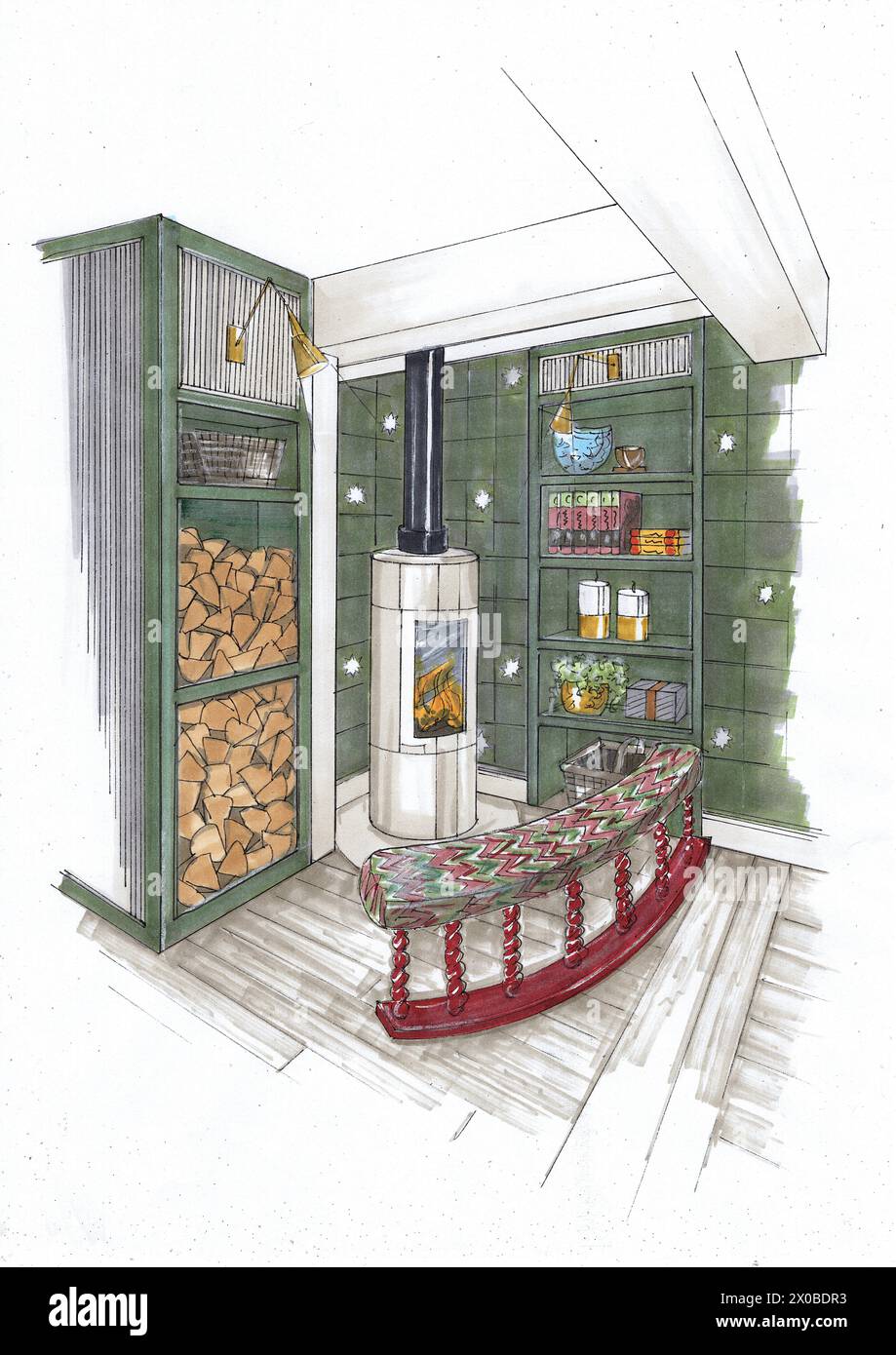 Colour Concept Sketch For A Traditional Country Style Snug With Wood