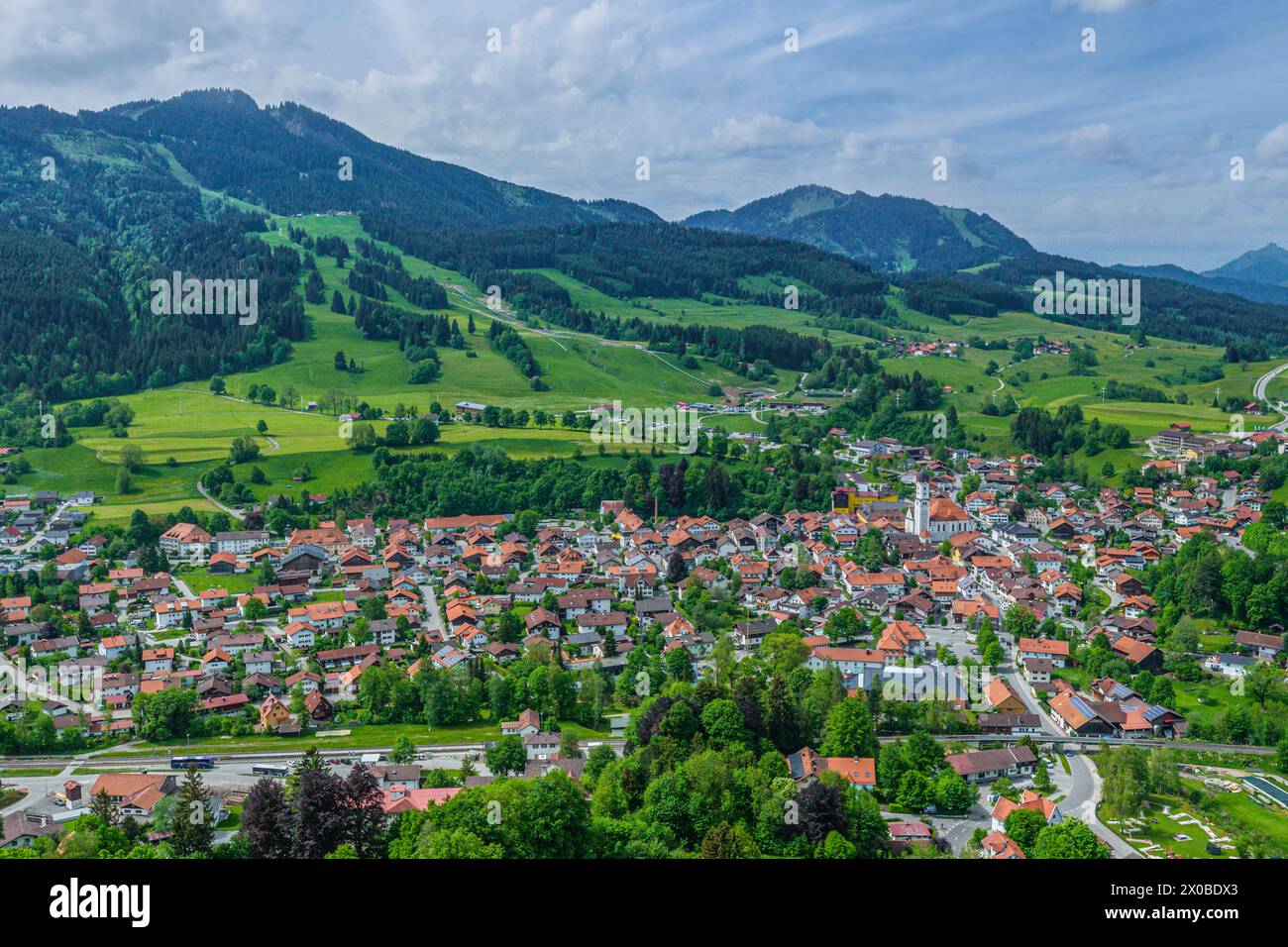 Aerial view to Nesselwang, a typical Allgaeu village on the alpine ...