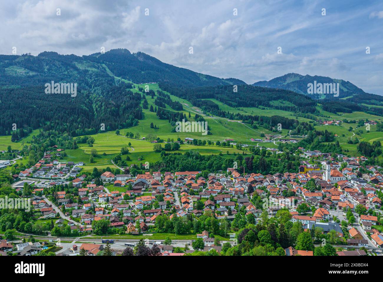 Aerial view to Nesselwang, a typical Allgaeu village on the alpine ...