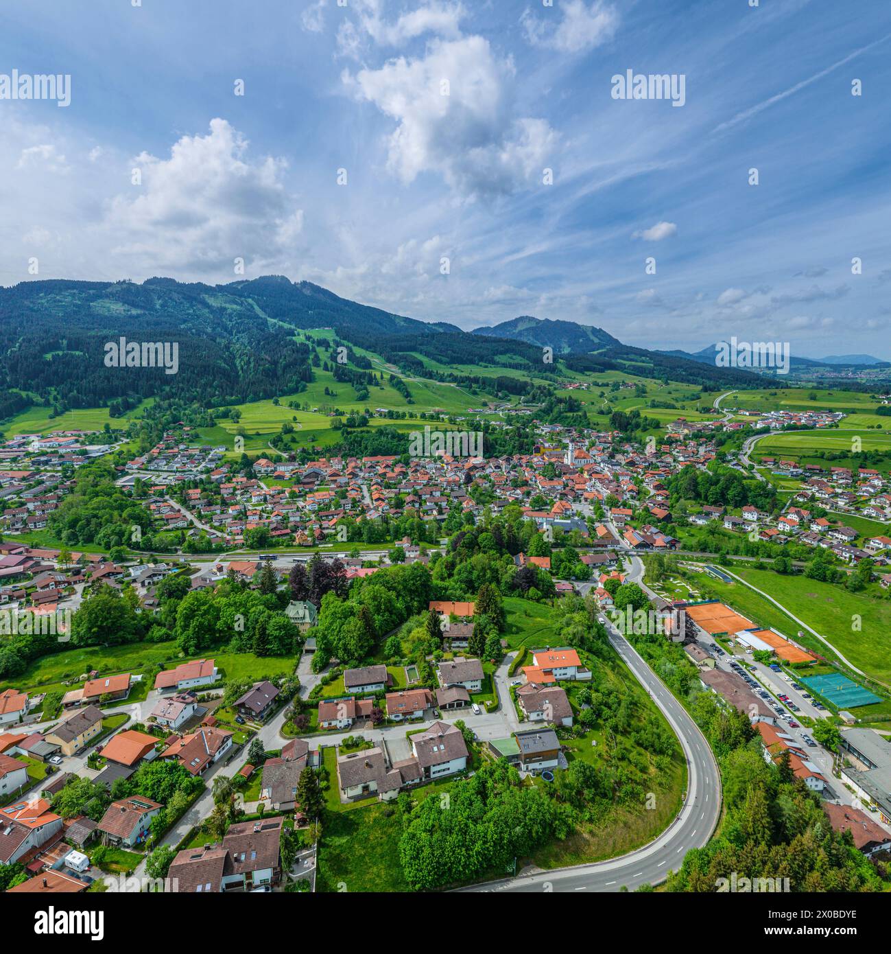 Aerial view to Nesselwang, a typical Allgaeu village on the alpine ...