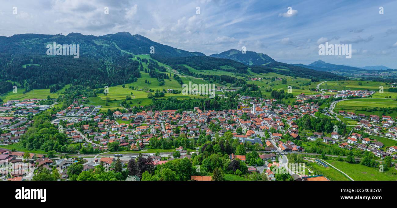Aerial view to Nesselwang, a typical Allgaeu village on the alpine ...