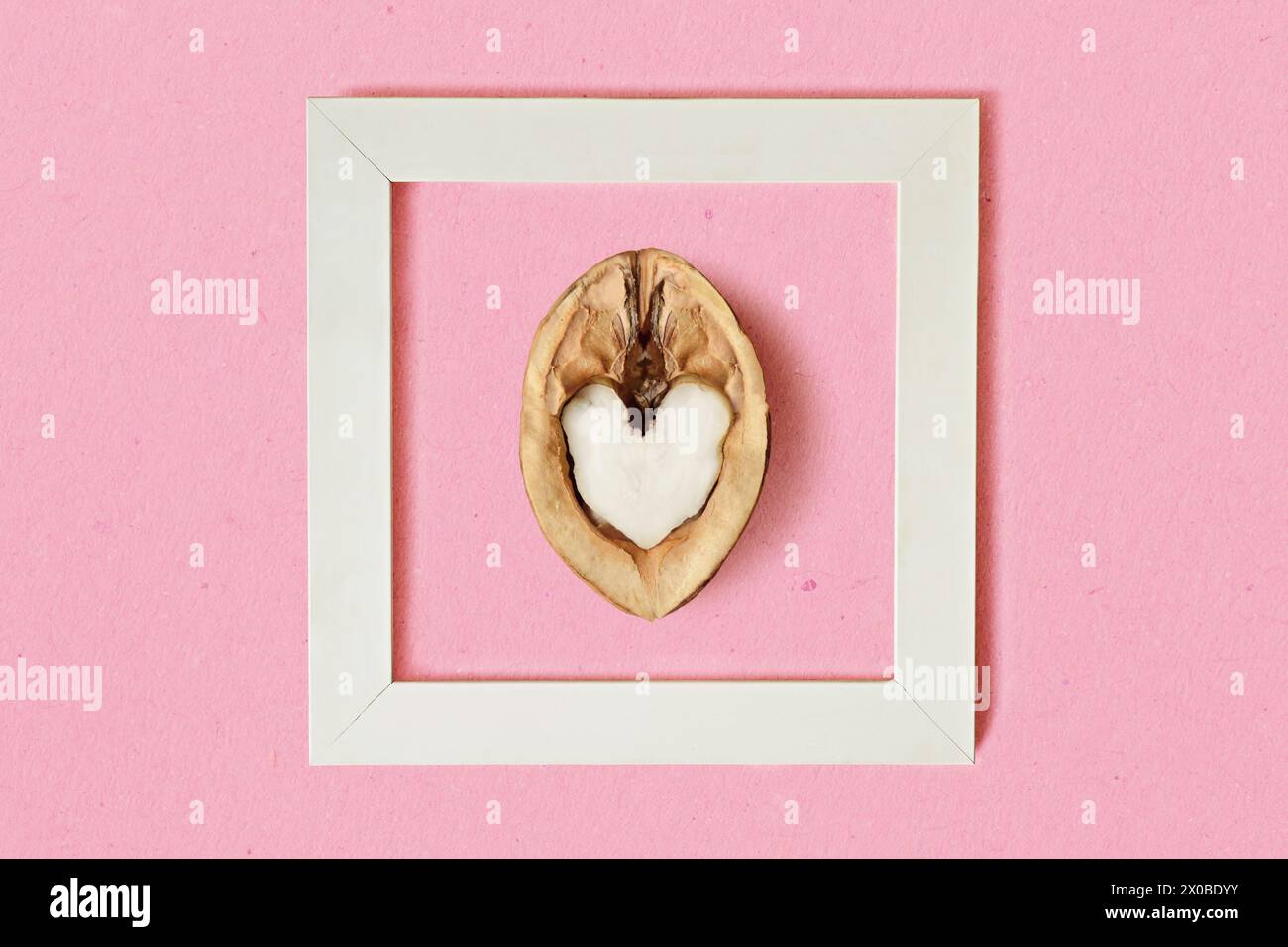 Half of heart shaped walnut in white frame on pink background - Concept ...