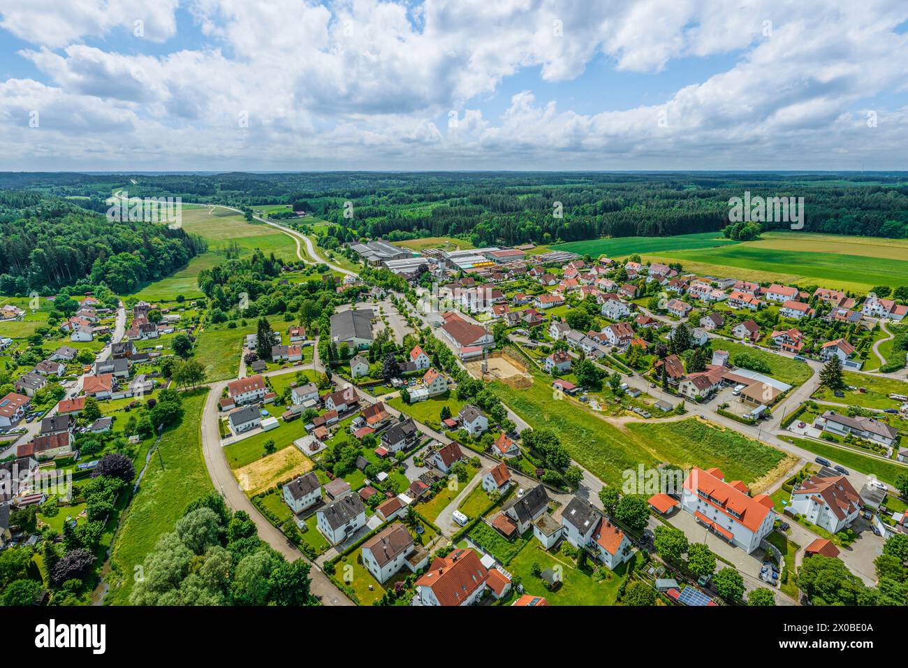 Aerial view of Welden, the central village of the Swabian Holzwinkel ...