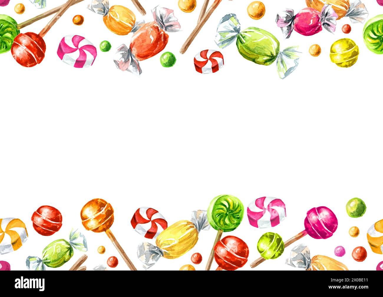 Sweet Candies border, Hand drawn watercolor seamless pattern isolated ...