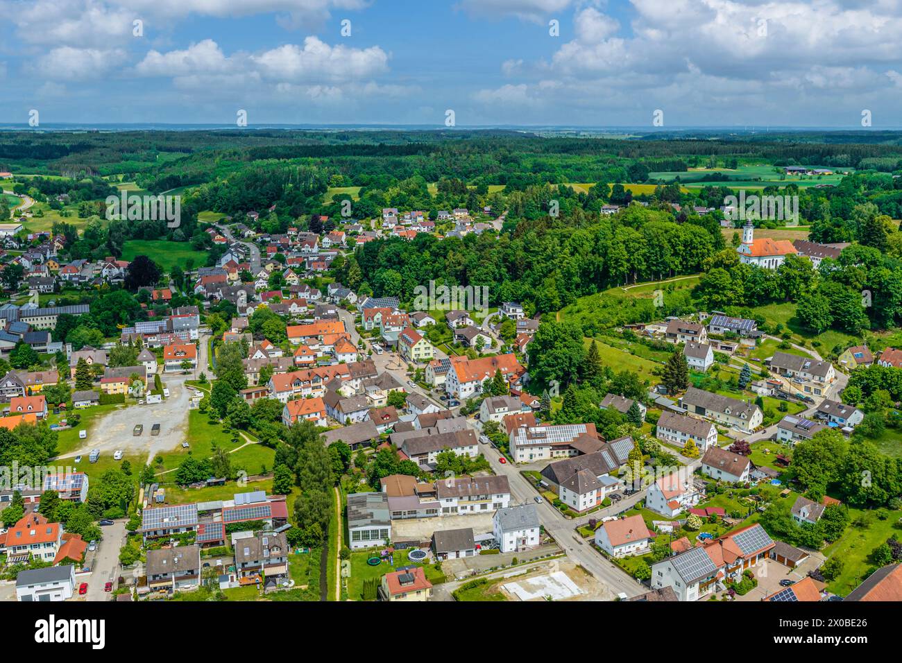 Aerial view of Welden, the central village of the Swabian Holzwinkel ...