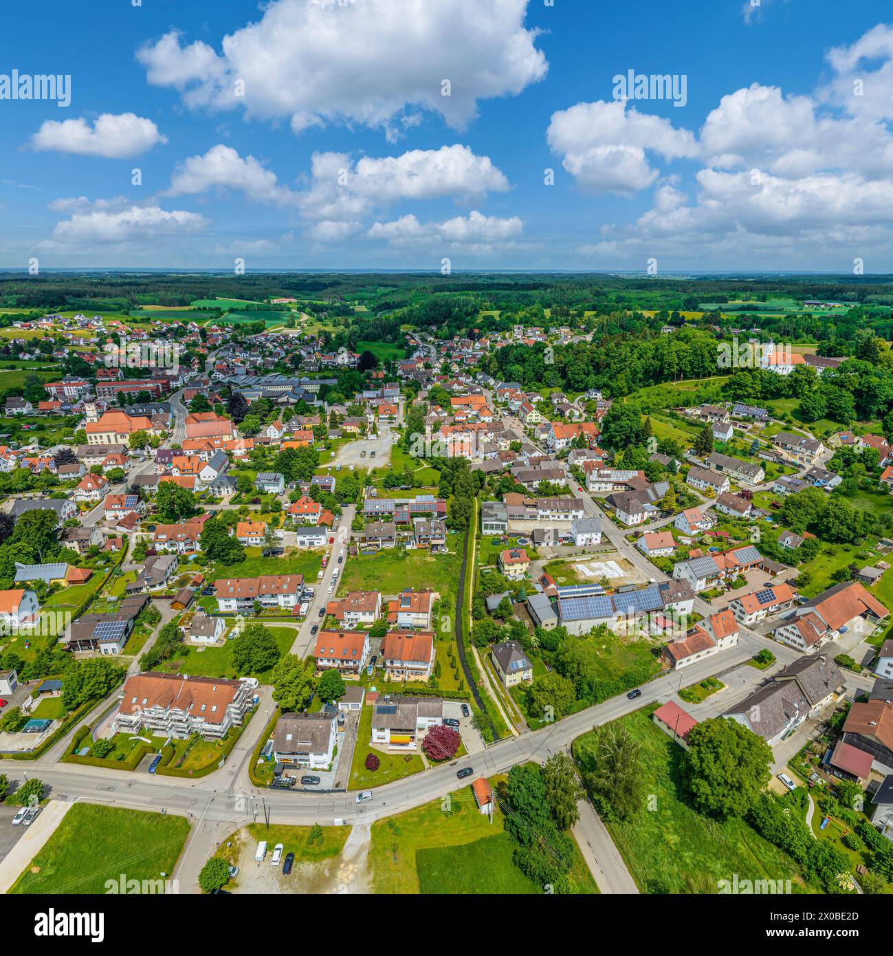 Aerial view of Welden, the central village of the Swabian Holzwinkel ...