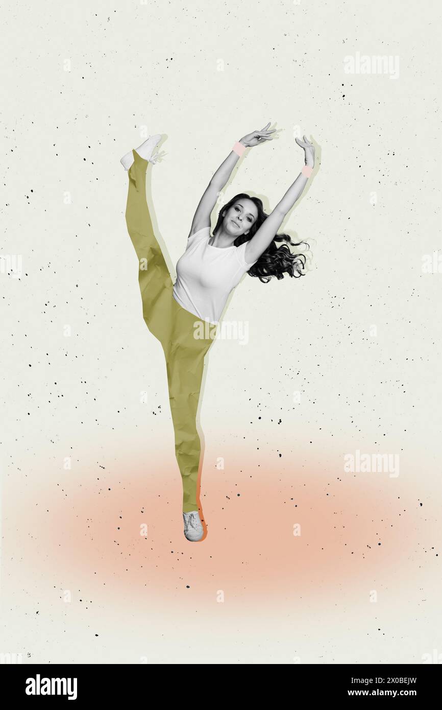 Vertical image collage young girl aerobics exercise stretching ...