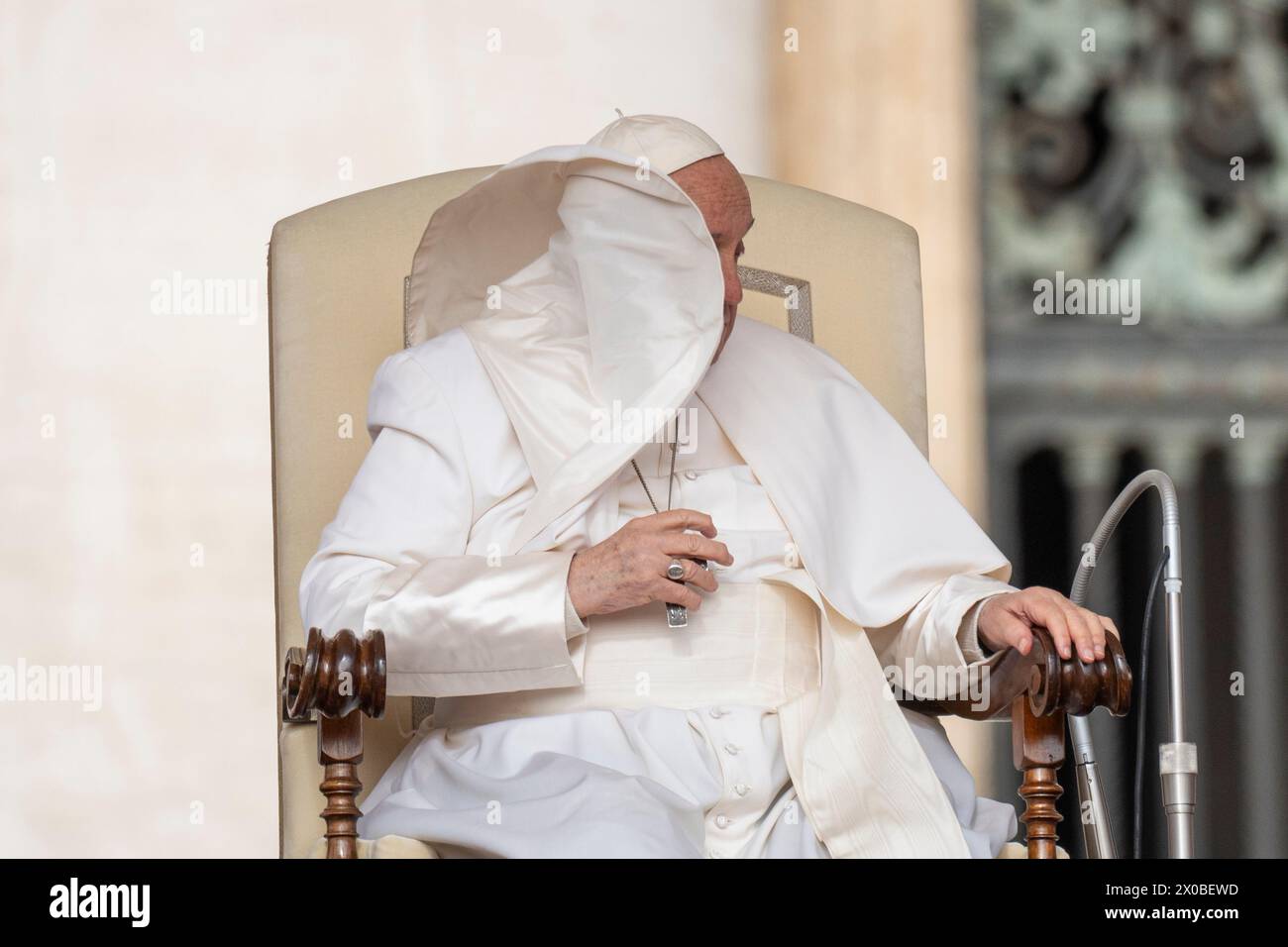 Vatican City, Vatican. 10th Apr, 2024. A gust of wind lifts Pope ...