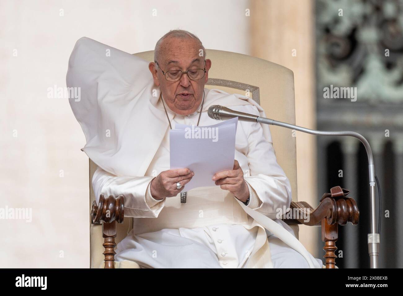 Vatican City, Vatican. 10th Apr, 2024. A gust of wind lifts Pope ...