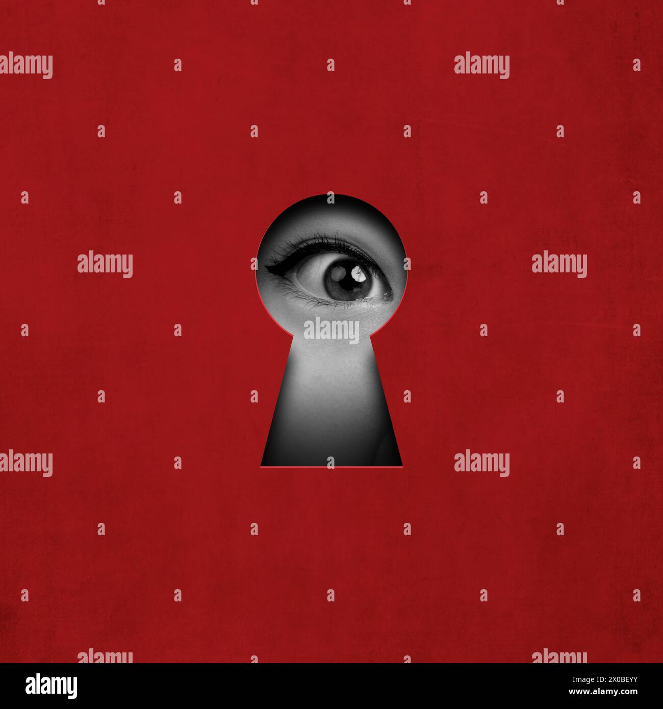 Curiosity and exploration. Female eye looking in keyhole on red ...