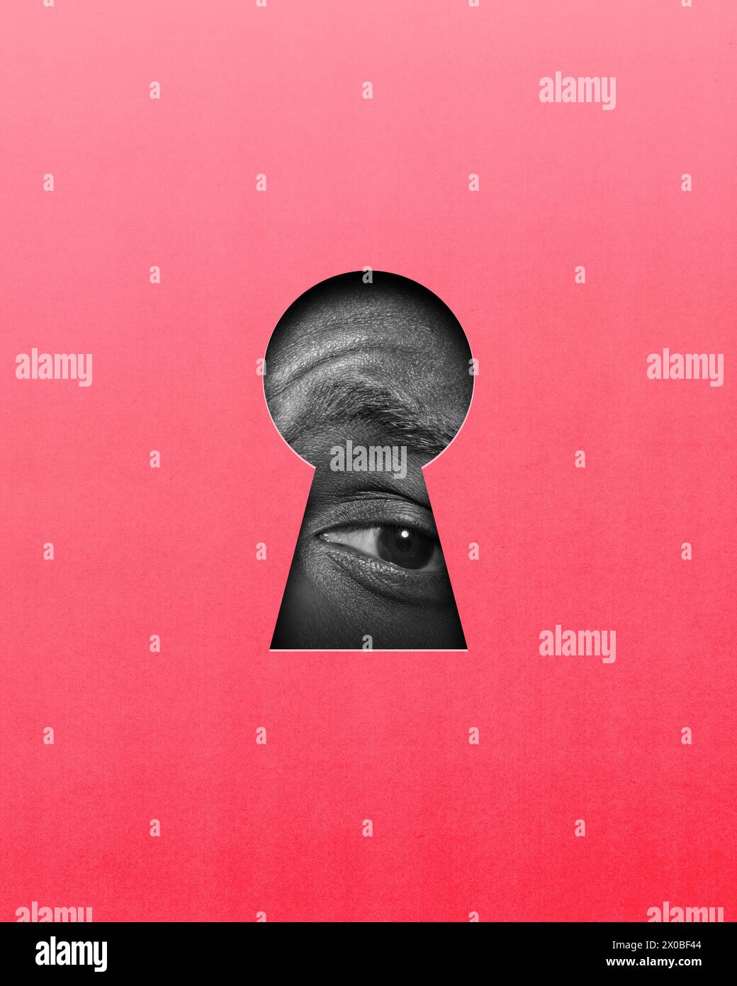 Male eye looking into keyhole on pink background. Boundary between ...