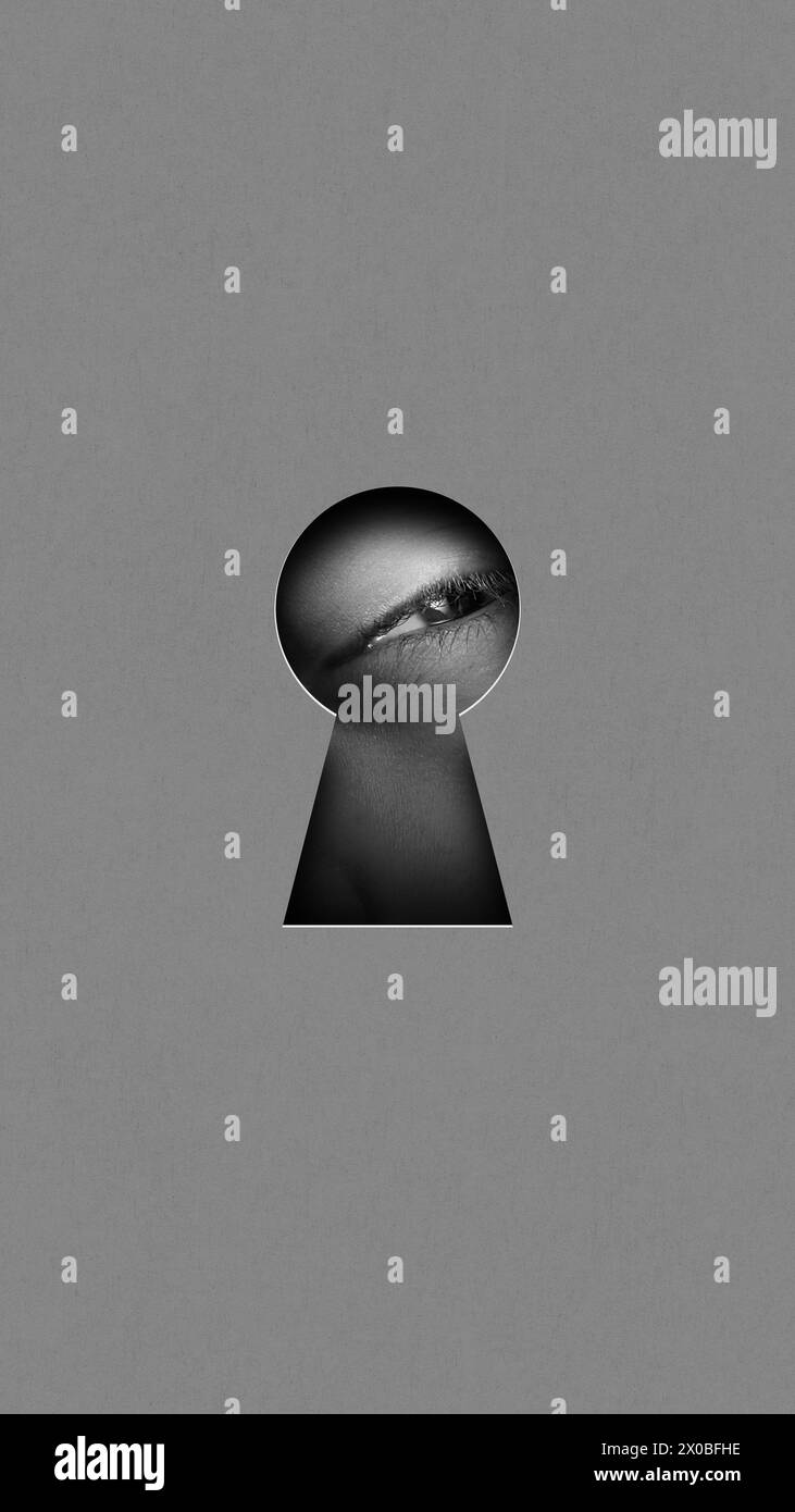 Male eye looking into keyhole on grey background symbolizing suspicion ...