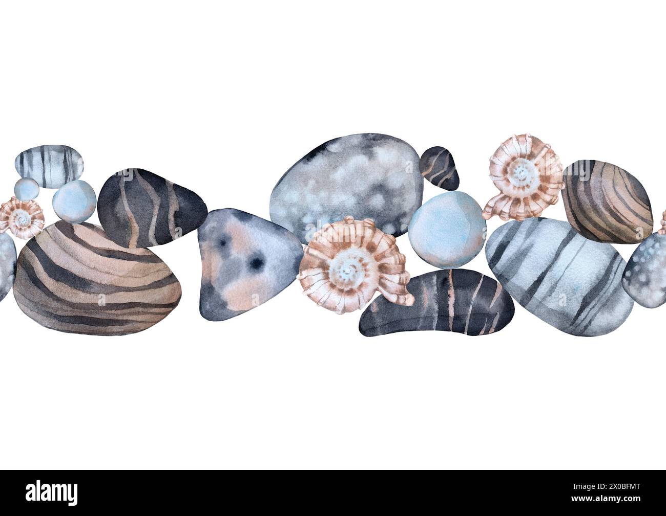 Watercolor hand painted seamless pattern with black pebbles and shells ...