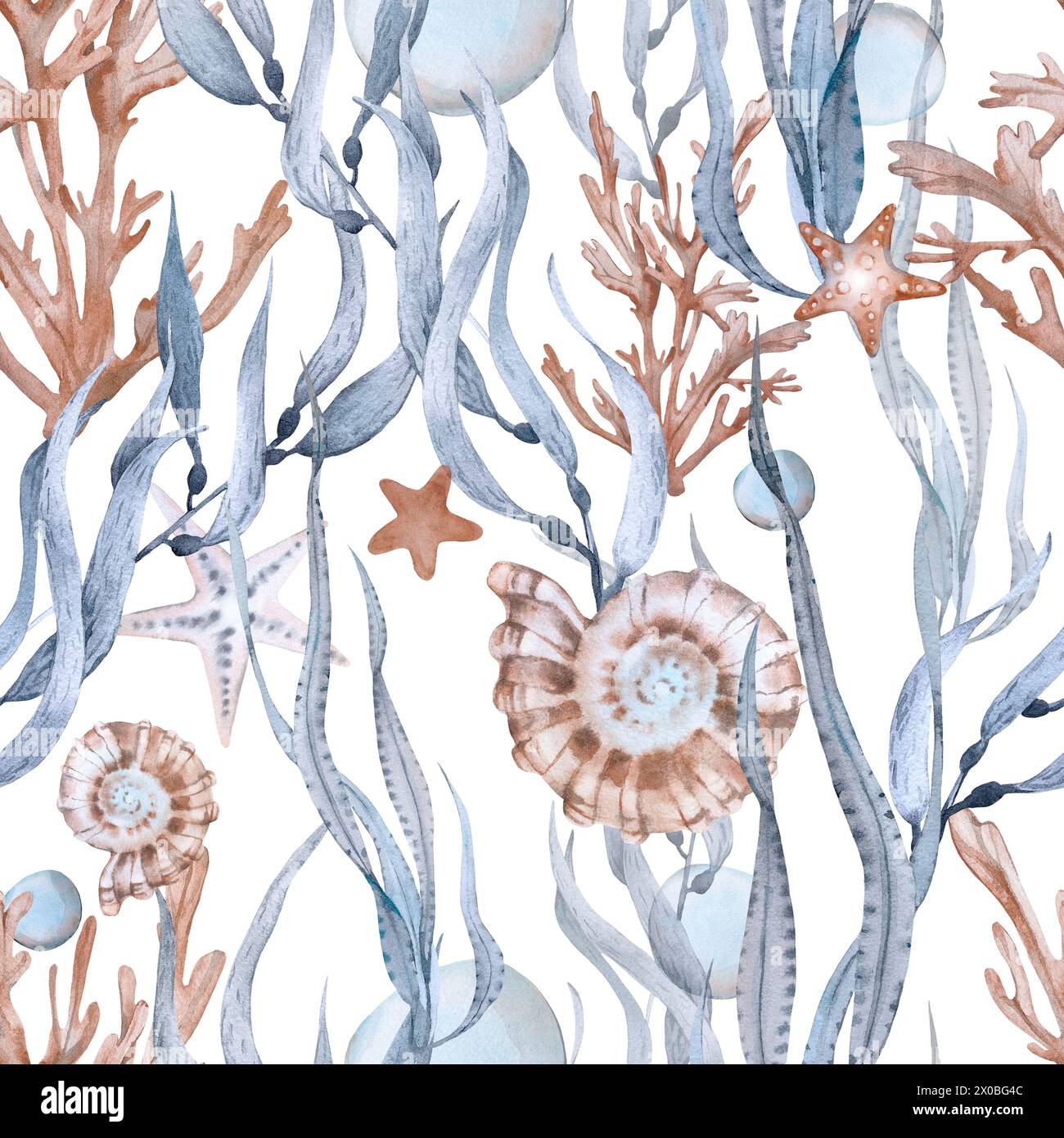 Seaweed, starfish, pearls and shells seamless horizontal pattern. Hand ...