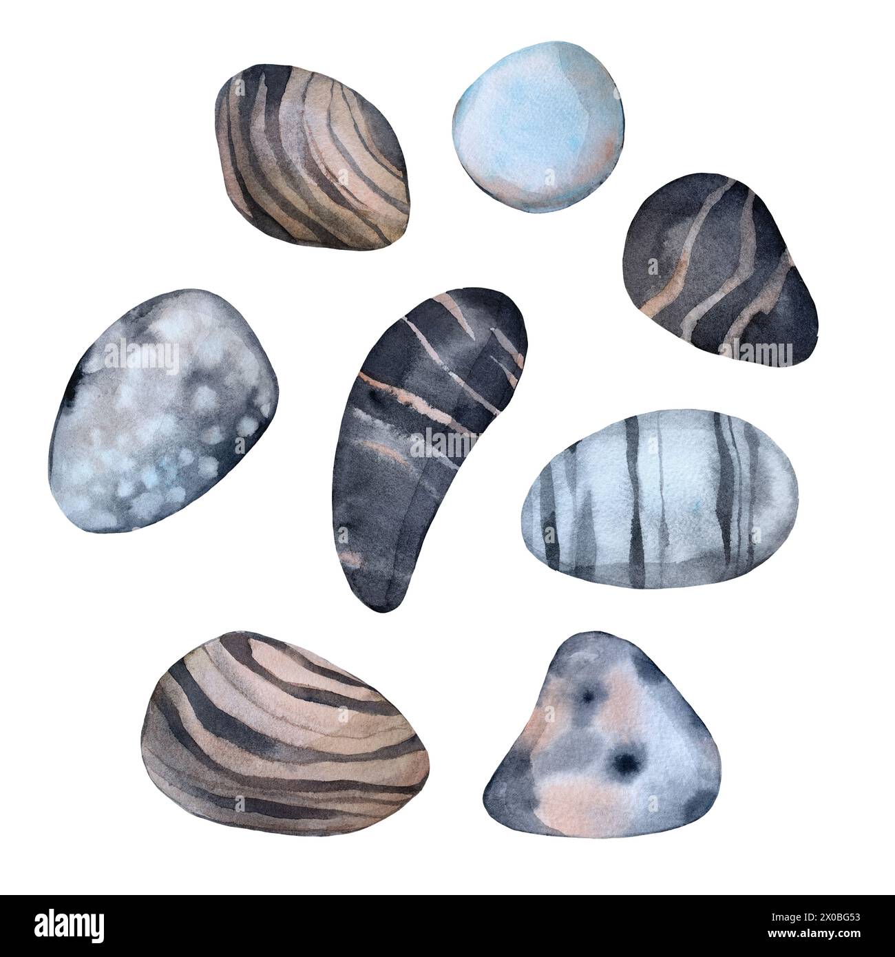 Pebbles and stones watercolor set. The elements are hand drawn and ...