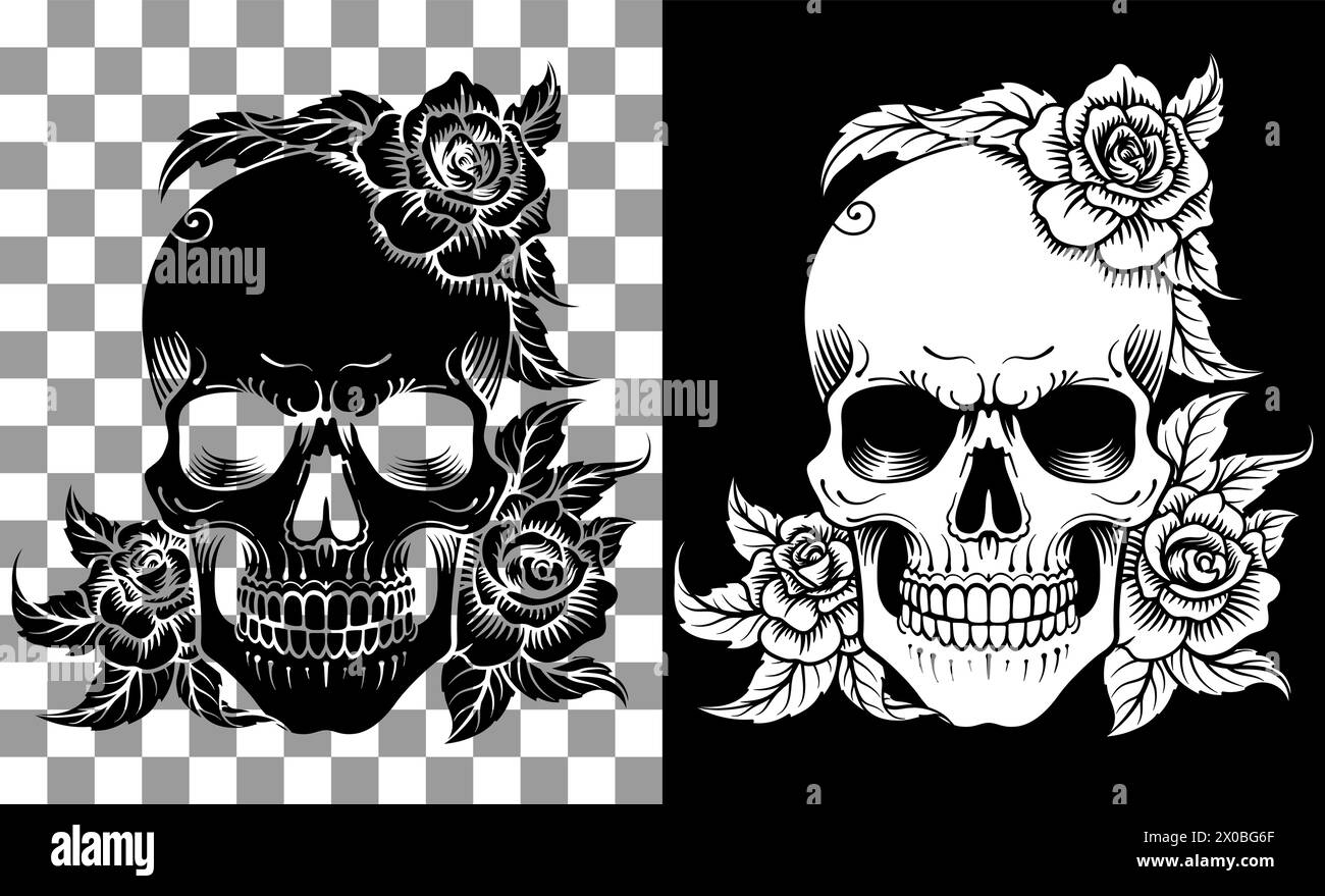 Skull Roses Engraved Woodcut Etching Tattoo Design Stock Vector Image ...