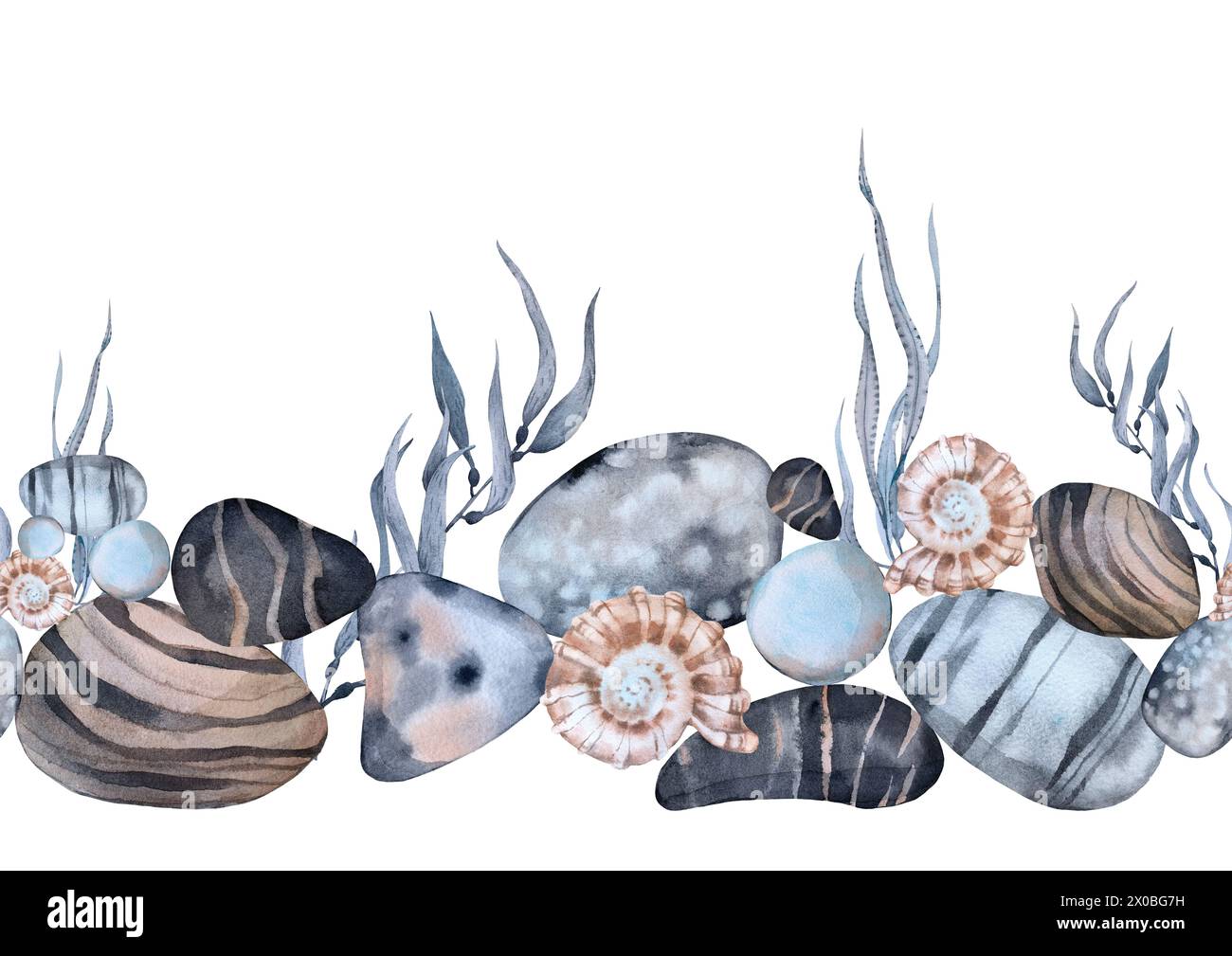 Watercolor hand painted seamless pattern with black pebbles shells and ...