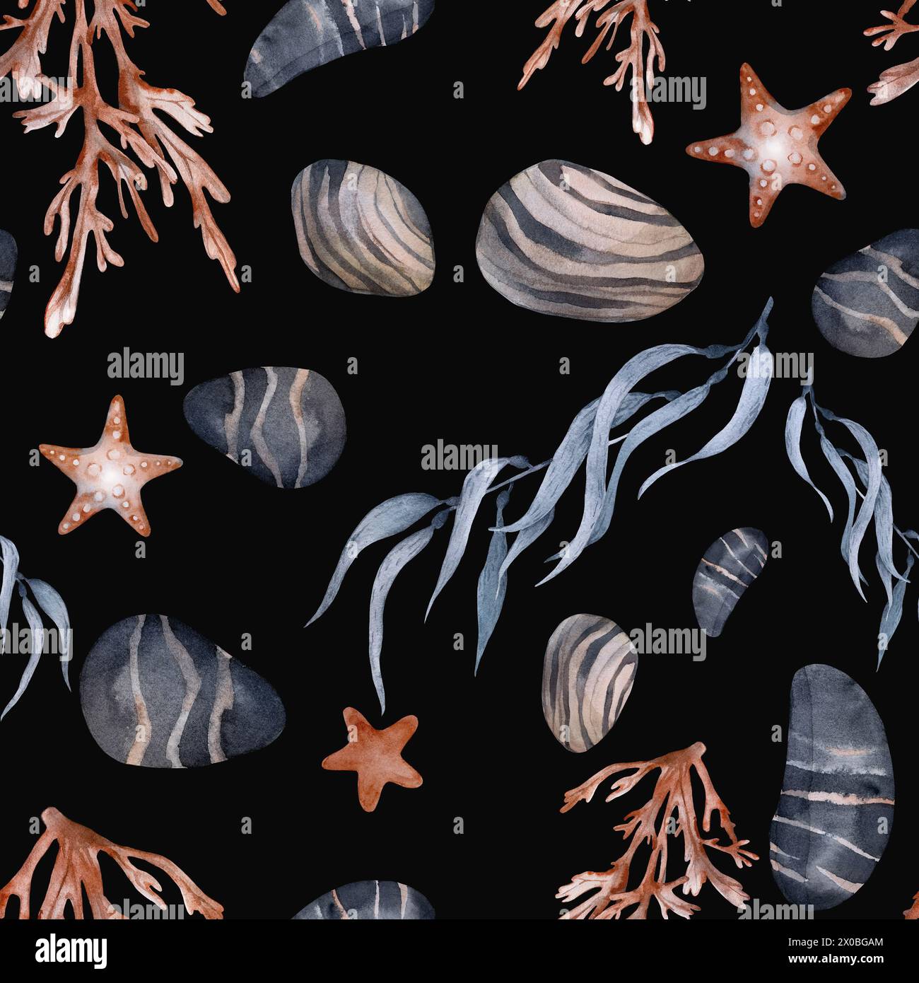 Watercolor hand painted seamless pattern with black pebbles shells and ...