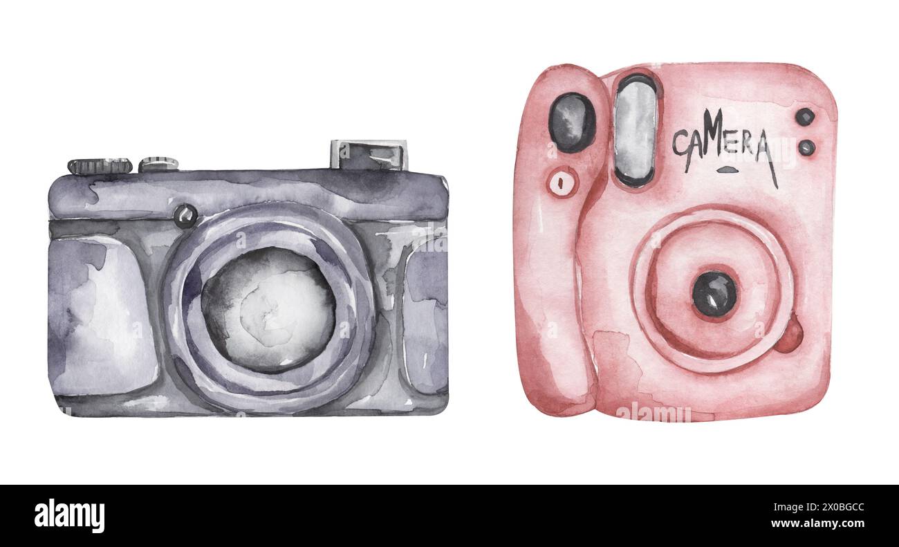 Watercolor hand drawn camera illustration set Stock Photo - Alamy