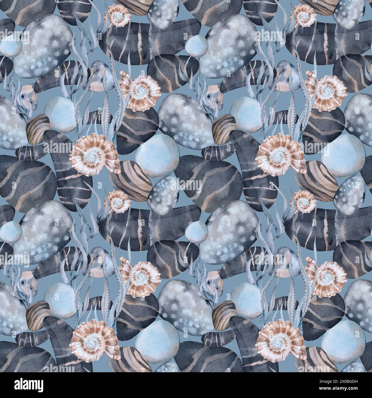 Watercolor hand painted seamless pattern with black pebbles shells and ...