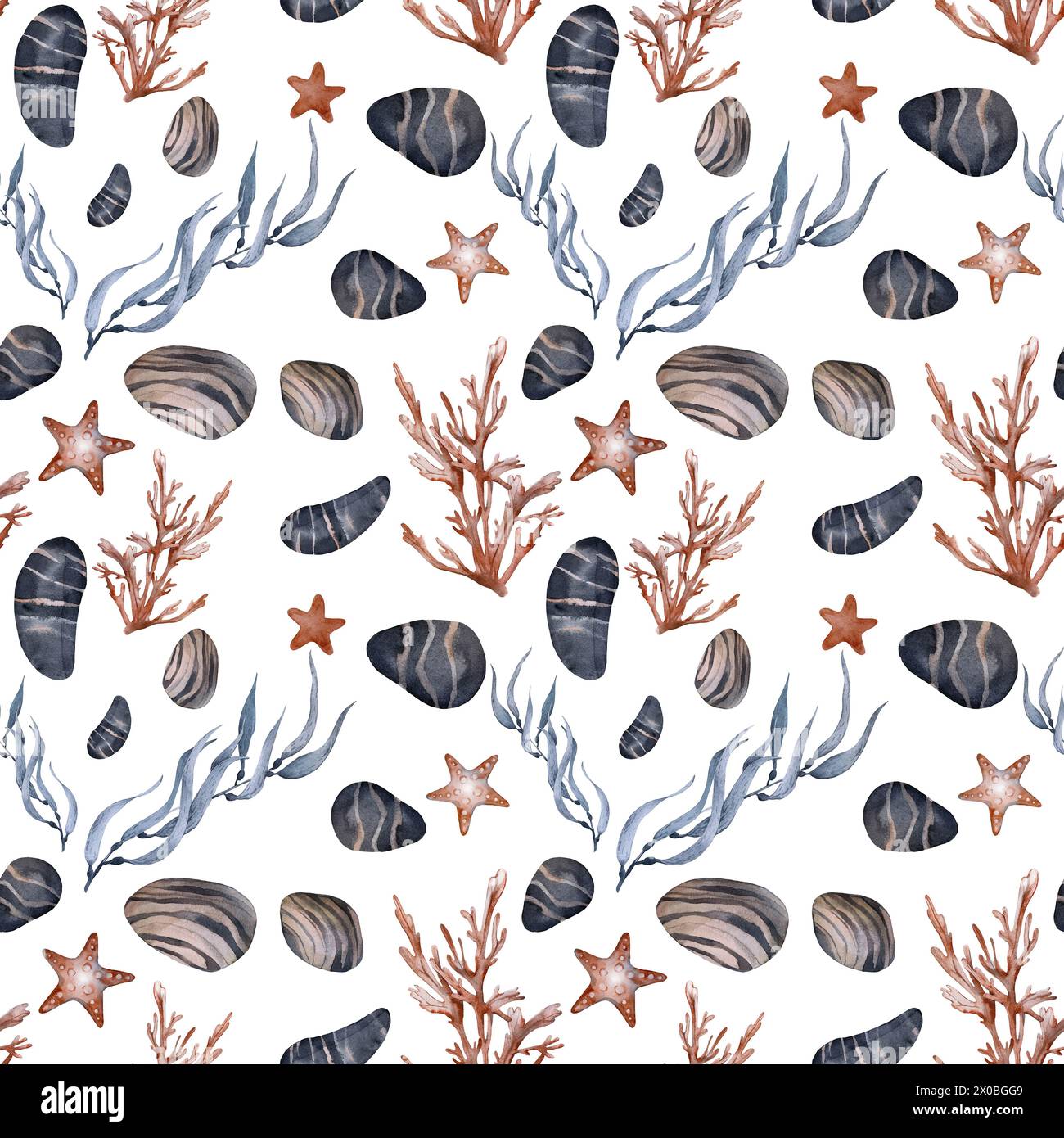 Watercolor hand painted seamless pattern with black pebbles shells and ...