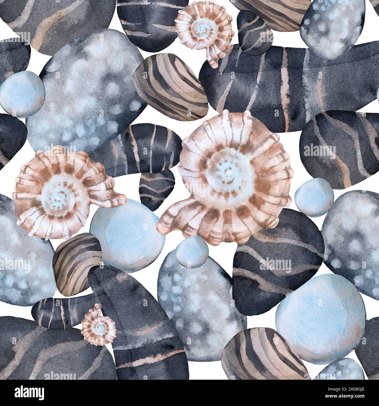 Watercolor hand painted seamless pattern with black pebbles and shells ...