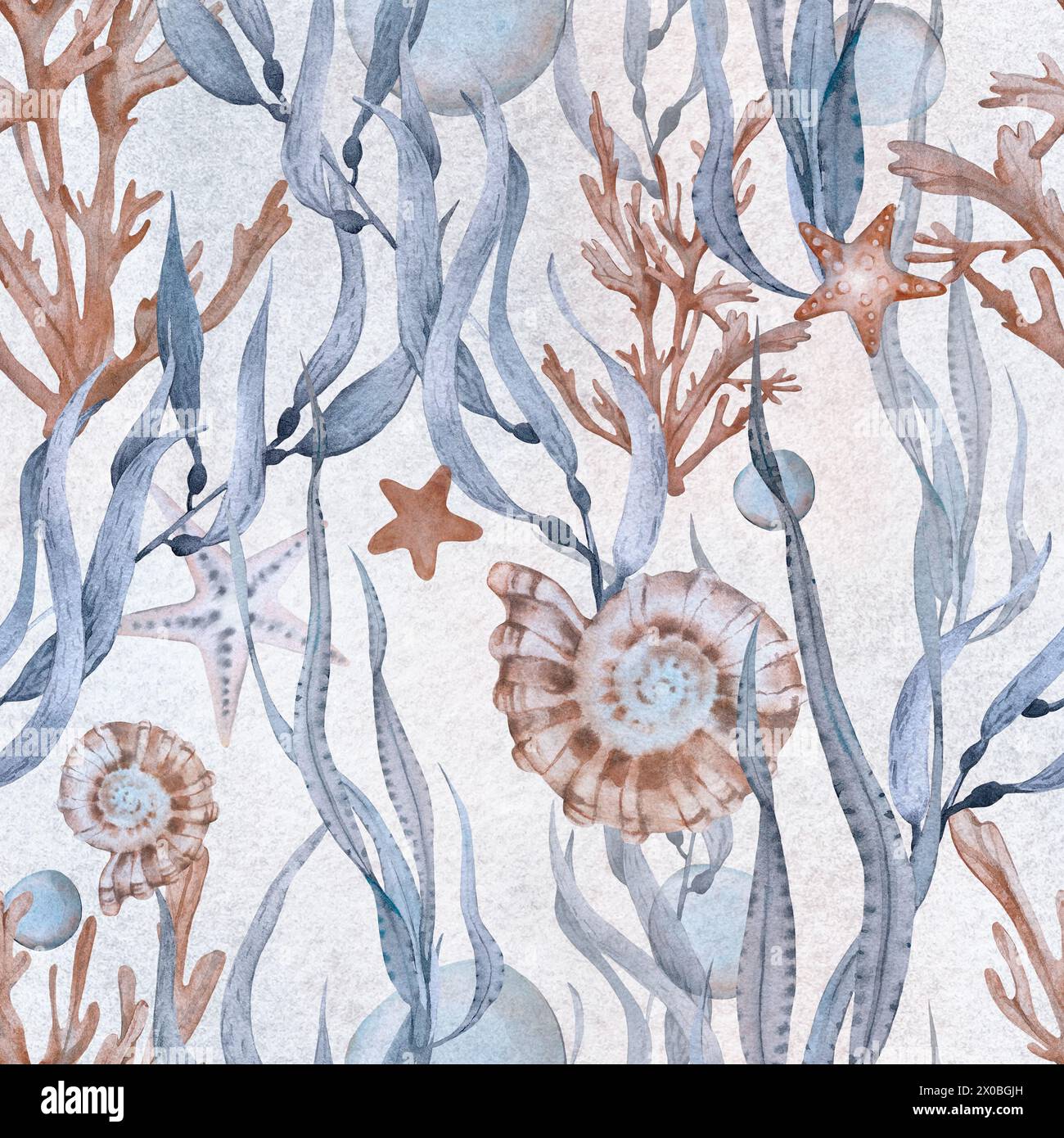 Seaweed, starfish, pearls and shells seamless horizontal pattern. Hand ...