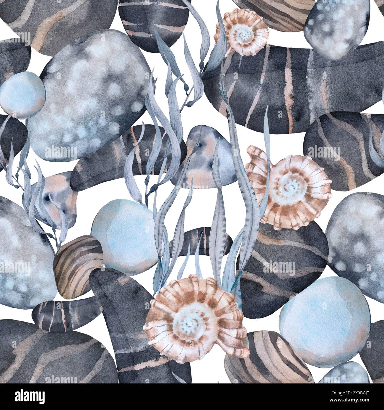 Watercolor hand painted seamless pattern with black pebbles shells and ...