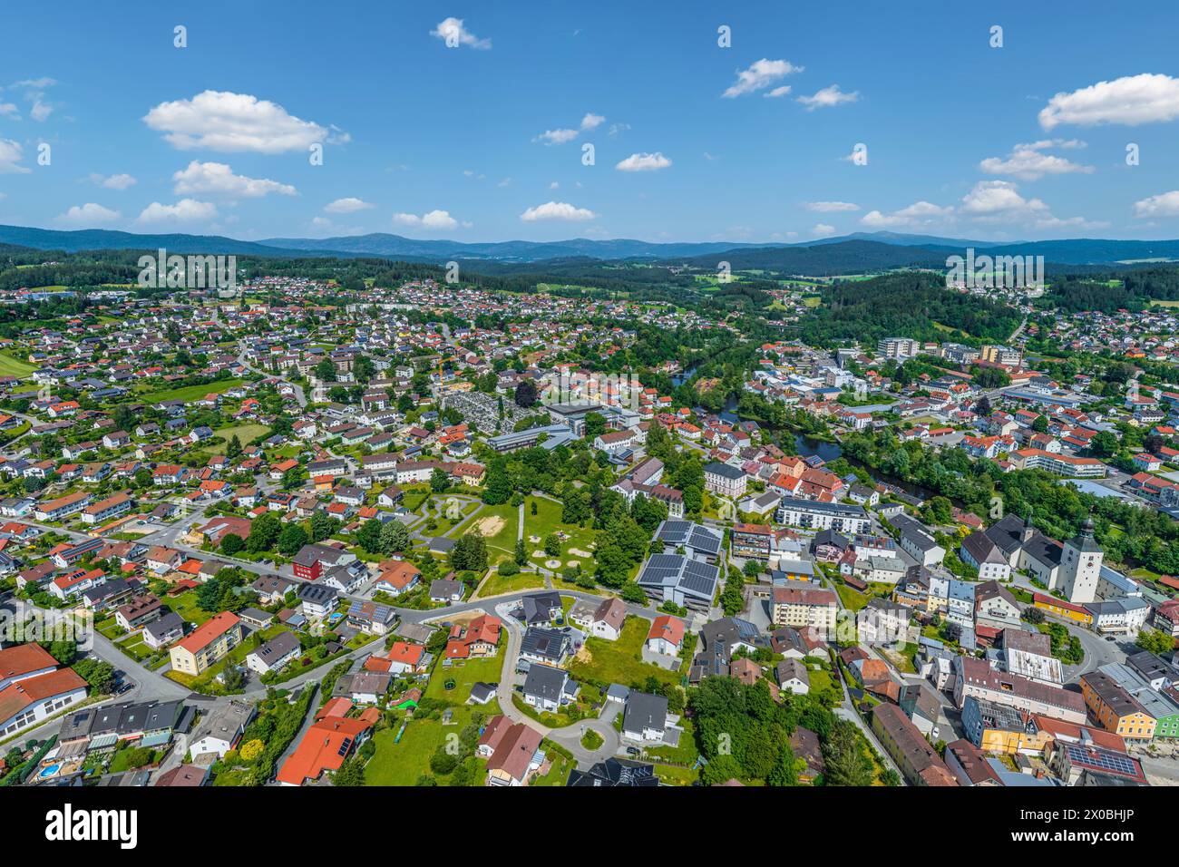 Aerial view of the Lower Bavarian district town of Regen in the ...
