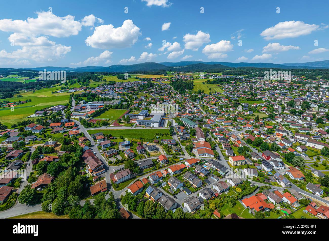 Aerial view of the Lower Bavarian district town of Regen in the ...