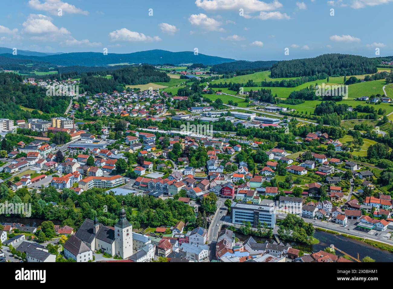 Aerial view of the Lower Bavarian district town of Regen in the ...