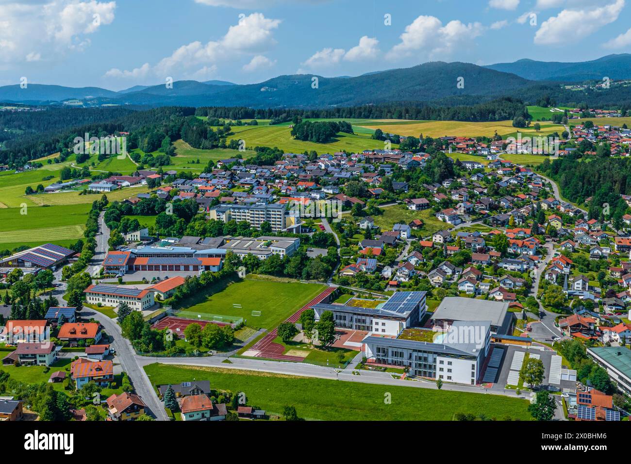 Aerial view of the Lower Bavarian district town of Regen in the ...