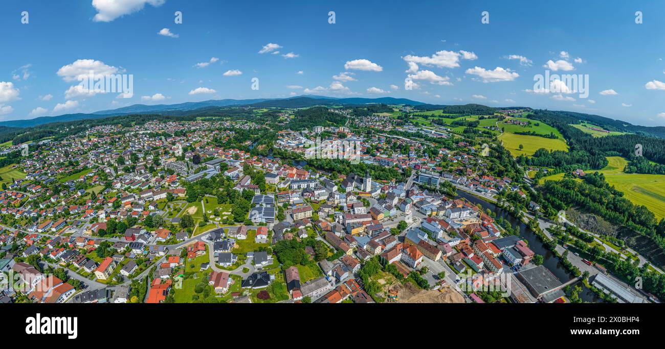 Aerial view of the Lower Bavarian district town of Regen in the ...