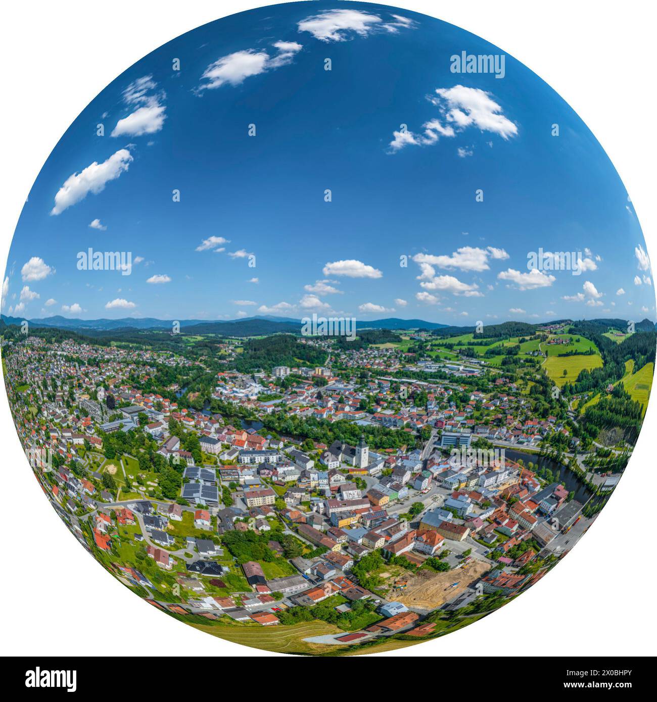 Aerial view of the Lower Bavarian district town of Regen in the ...