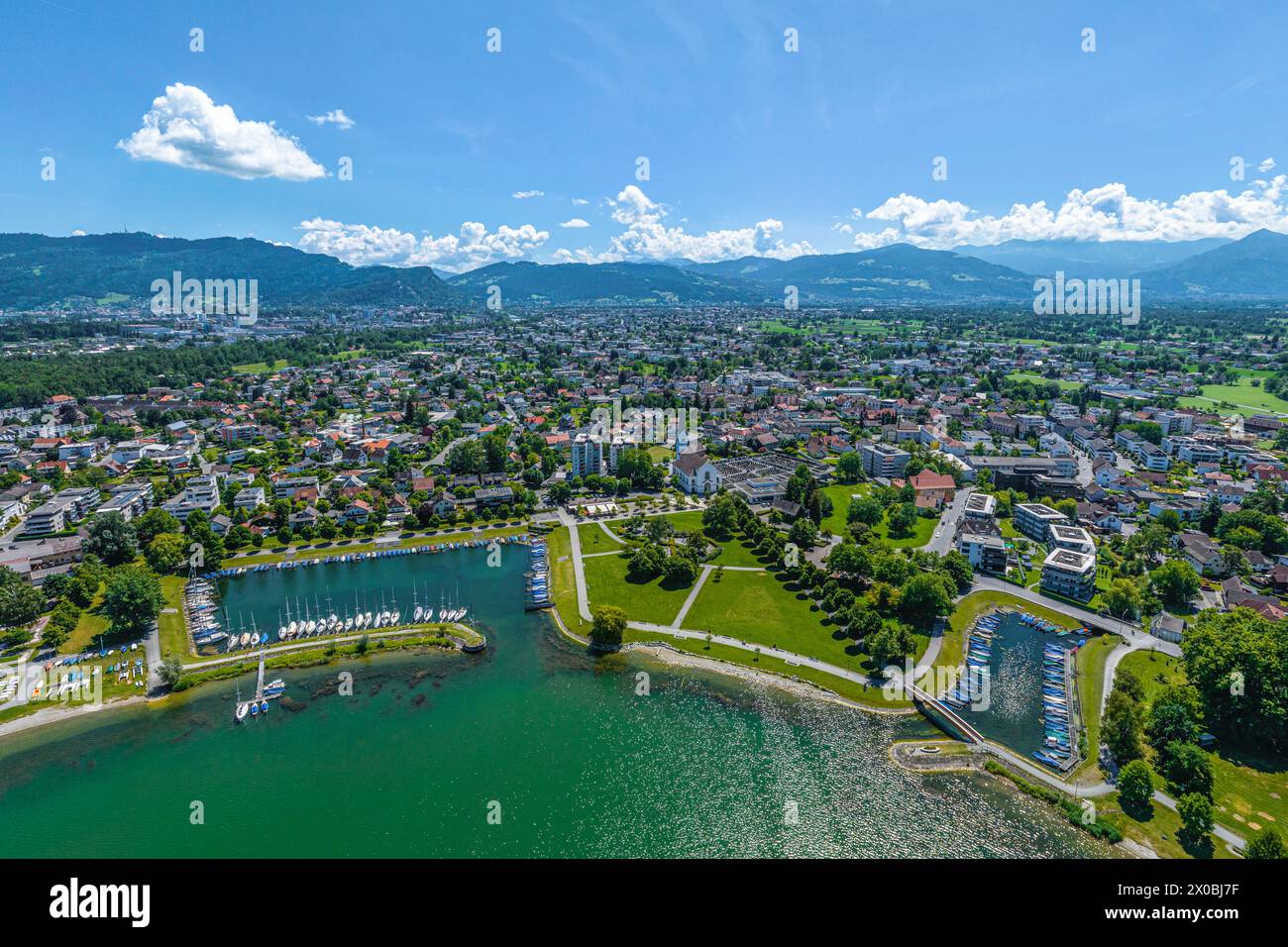 Aerial view of the region around the market village of Hard in ...
