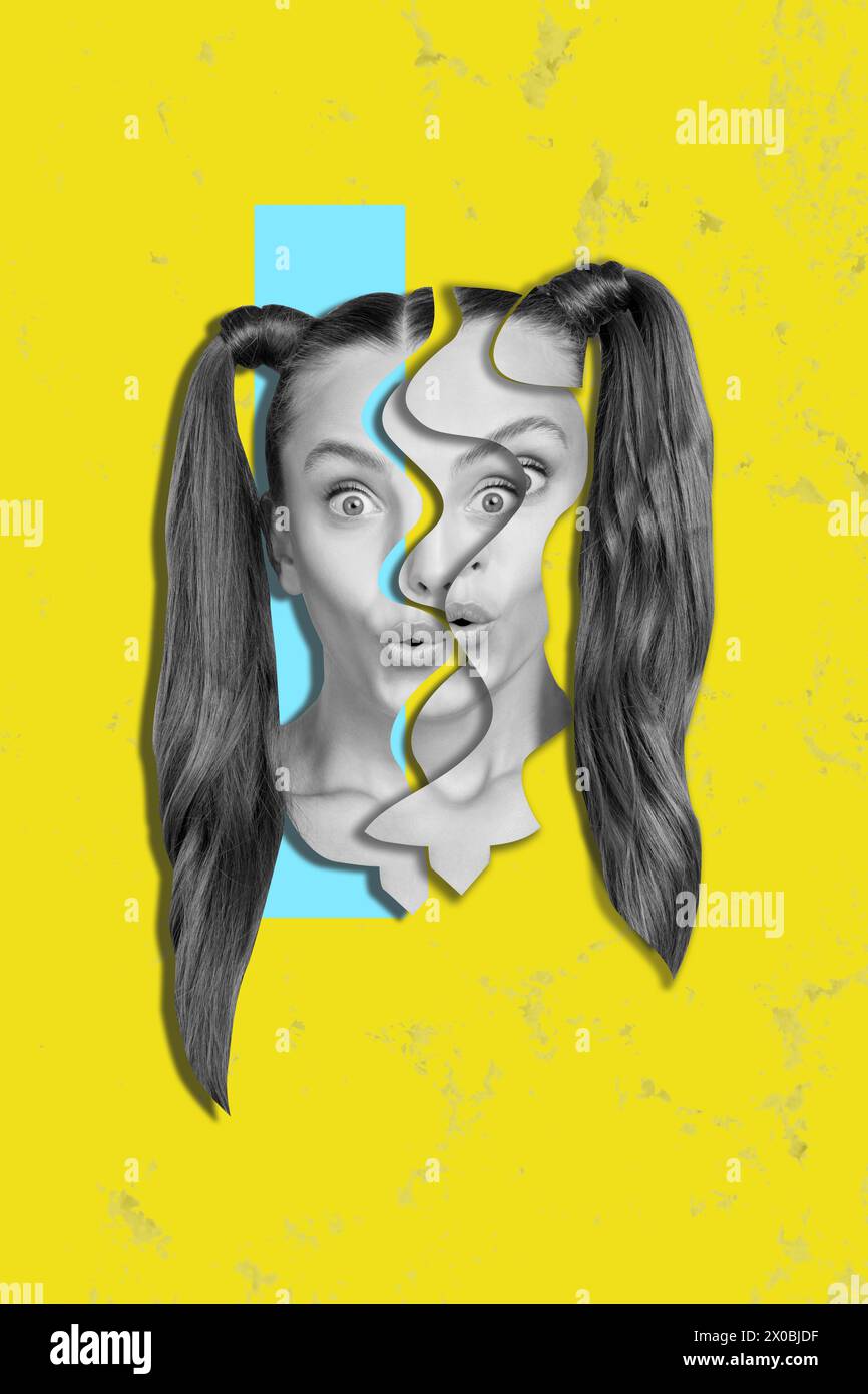 Vertical image collage of shocked girl pieces face bipolar syndrome ...
