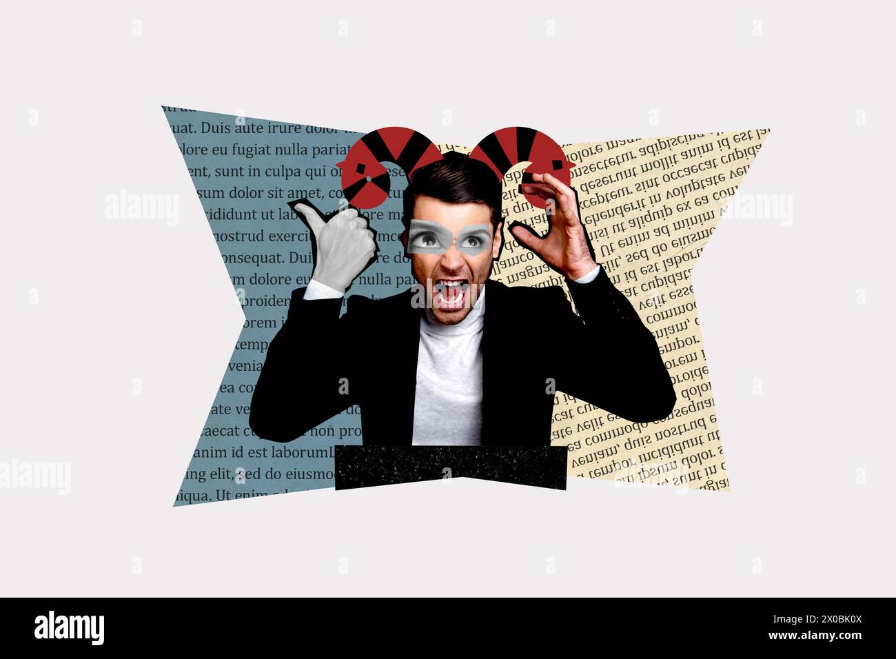 Composite photo collage of crazy angry man shout cut eyes devil horns ...