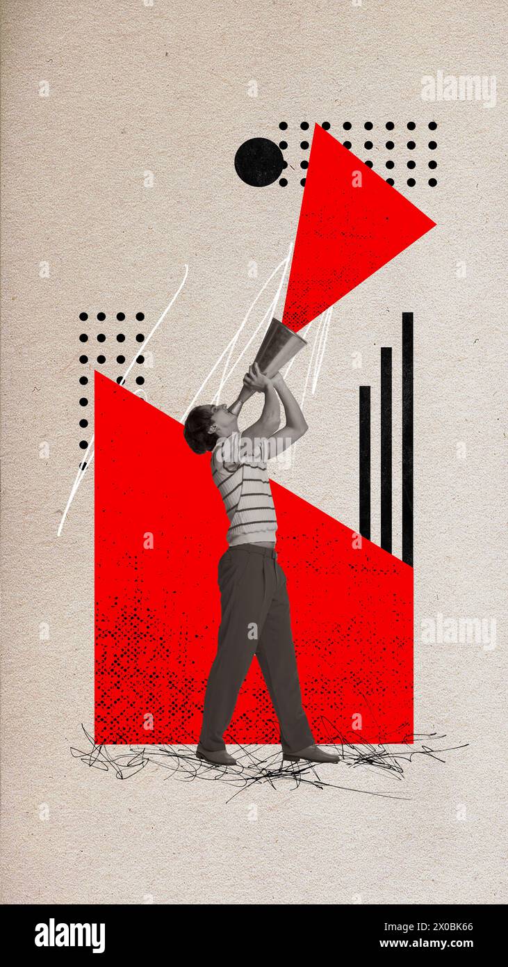 Contemporary art collage. Young man, business man shouting to retro ...