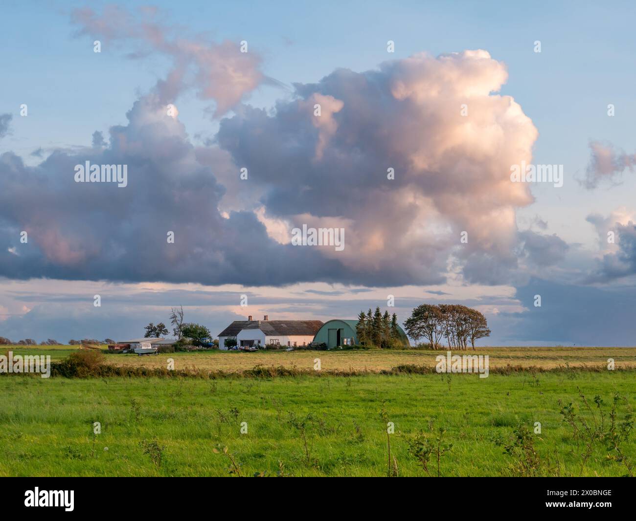 Countryside with farmhouse and barn surrounded by meadows in Tunø ...