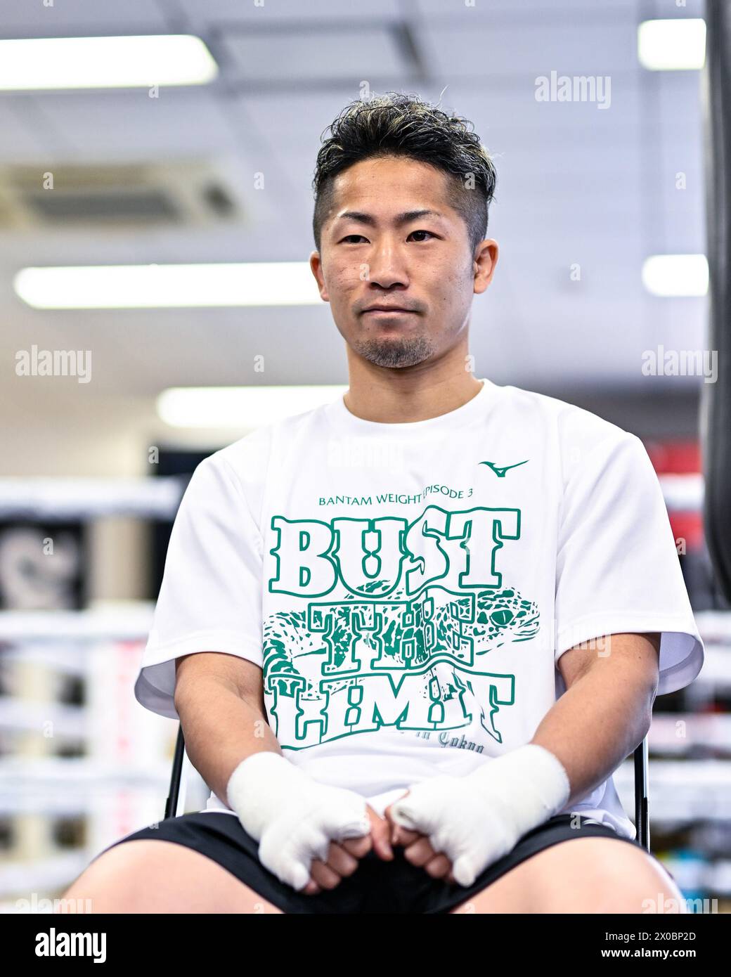 Takuma Inoue, WBA bantamweight champion of Japan tlaks to meda during a ...