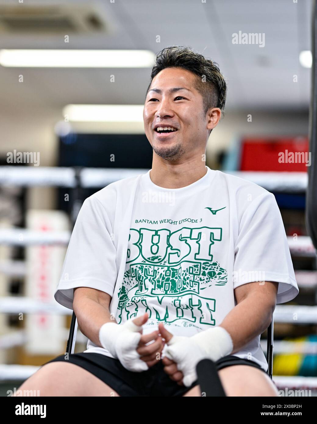 Takuma Inoue, WBA bantamweight champion of Japan tlaks to meda during a ...