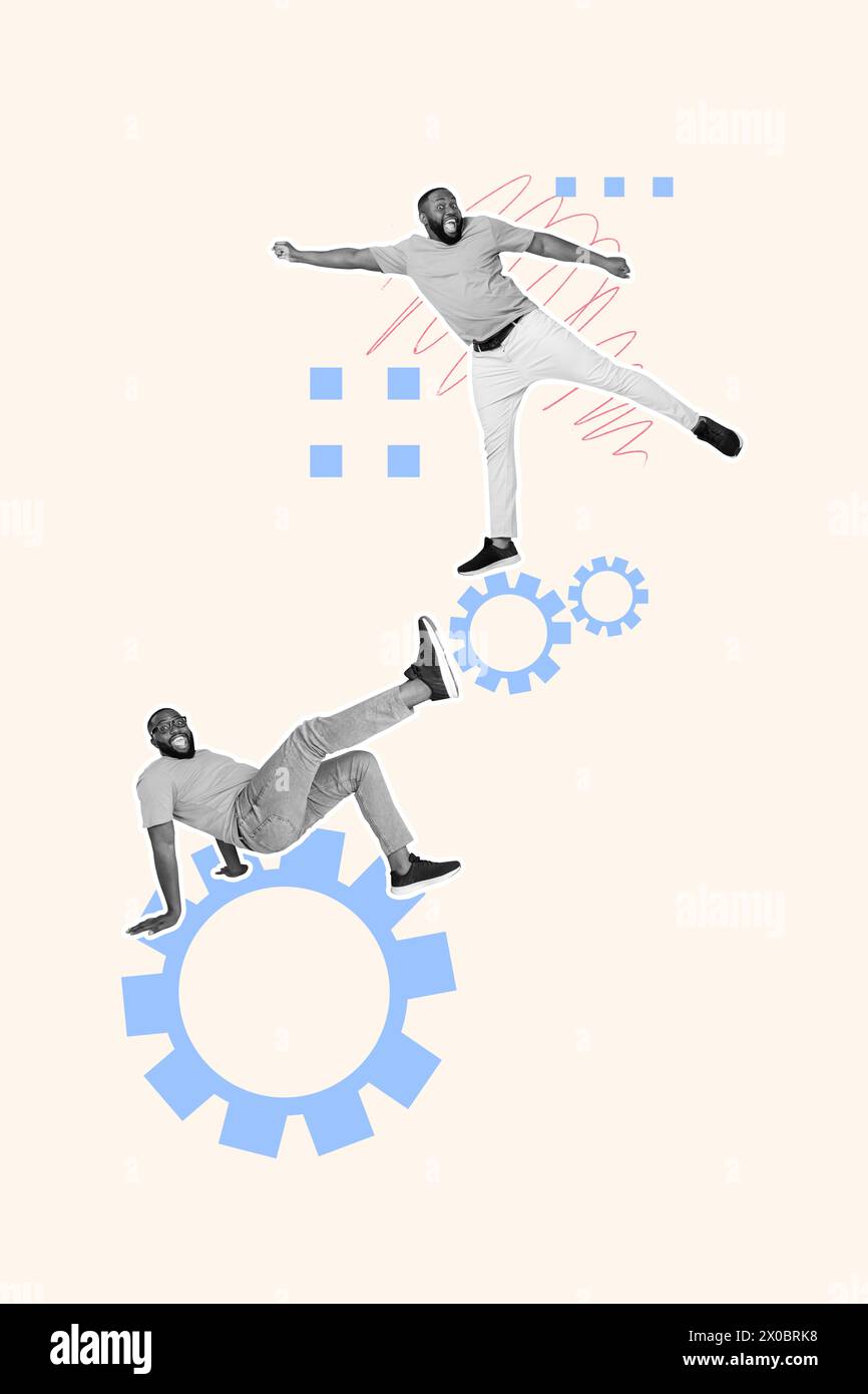 Vertical image collage of funny american guy dance gearwheel ...