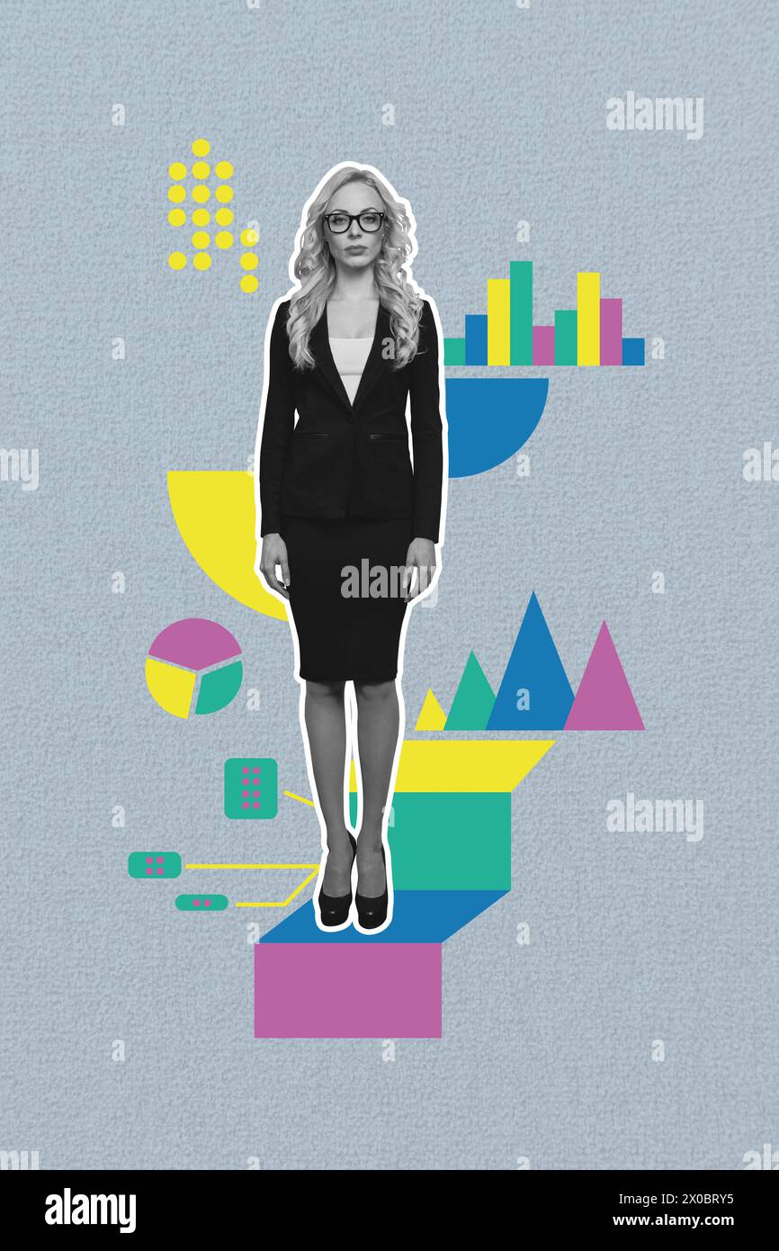 Vertical image collage of serious businesswoman stand charts diagram ...