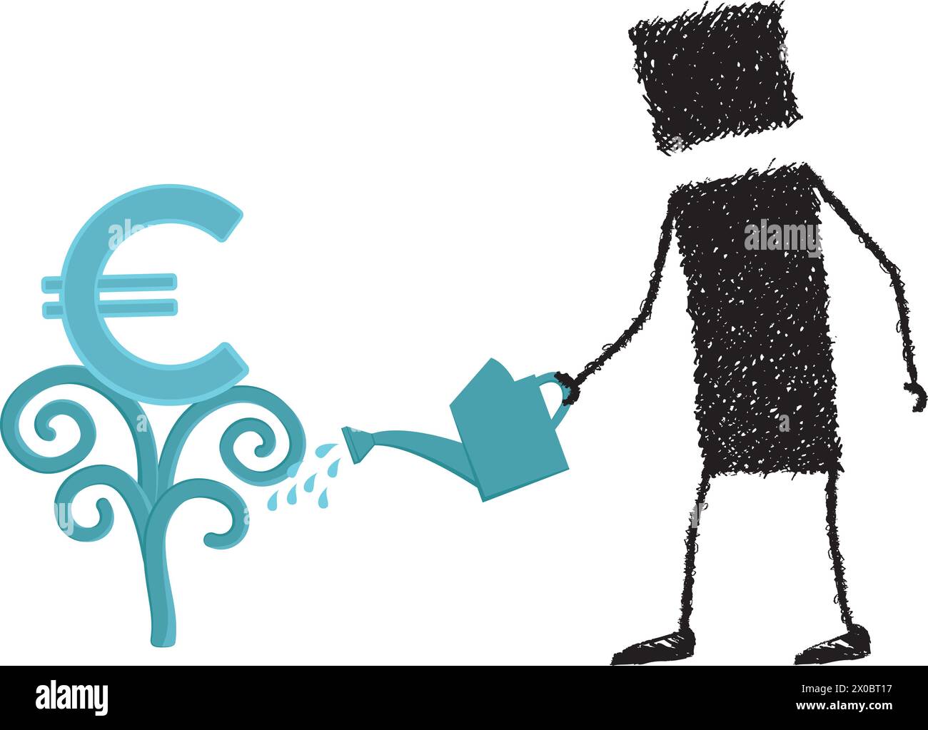 A stick figure is watering a plant. A euro symbol appears on the plant ...