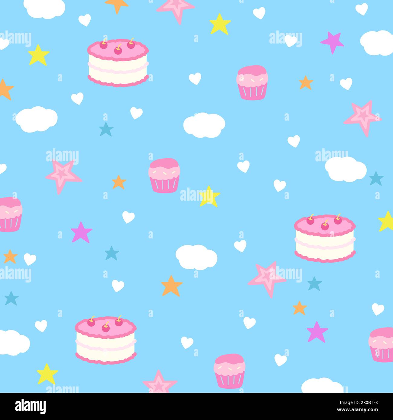 Illustration of cupcake, cake, cloud, star, heart on a blue background ...
