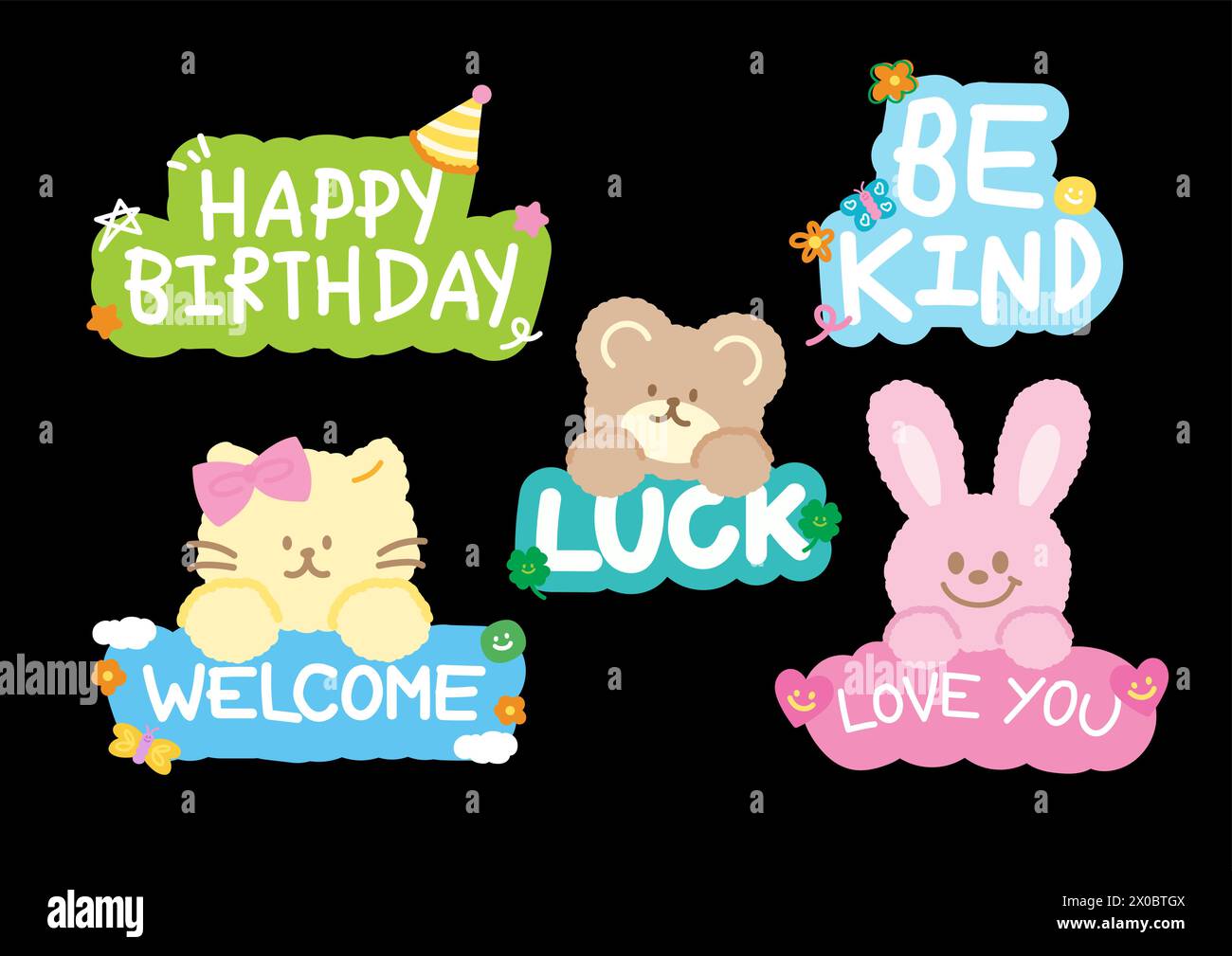 Illustration of animals such as teddy bear, cat, bunny with HAPPY ...